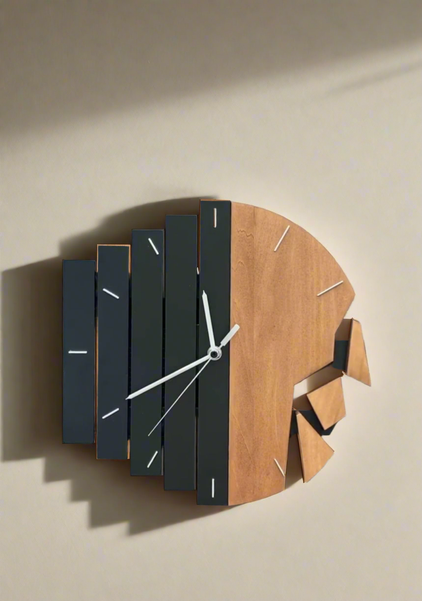 Modern Geometric Wooden & Black Wall Clock with Unique Fragmented Desi ...