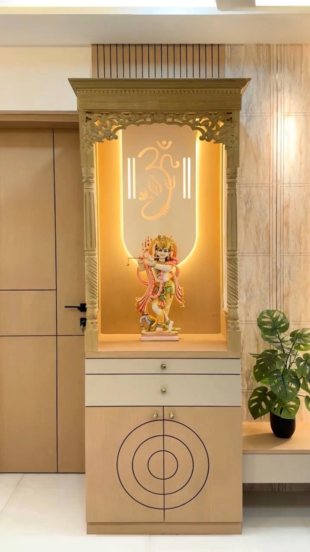 Modern Wooden Pooja Mandir for Home with LED Back Panel & Krishna Idol ...
