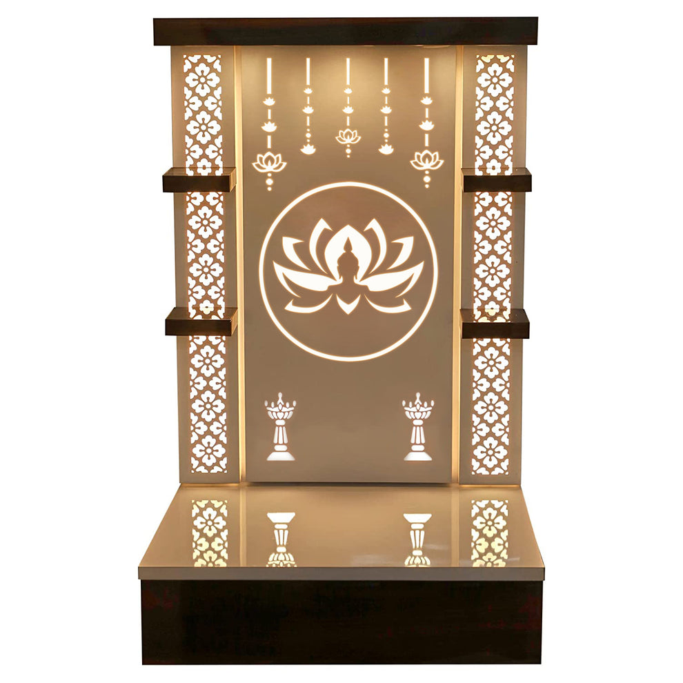 Wooden Pooja Mandir with Lotus LED Back Panel – Wall Mounted Home Temp ...