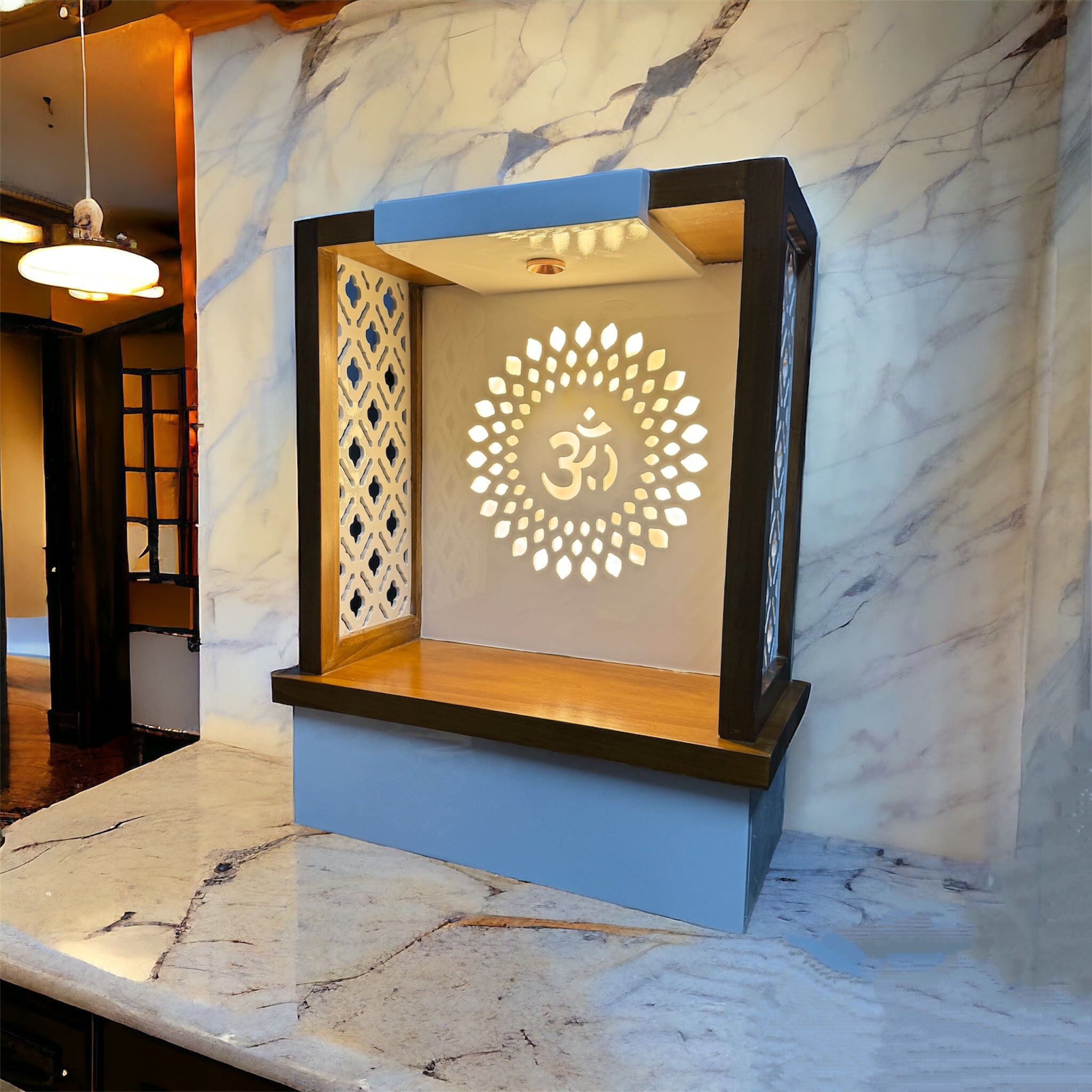 This Teakwood & White Modern, Simplistic Designed Pooja Temple, Mandir ...